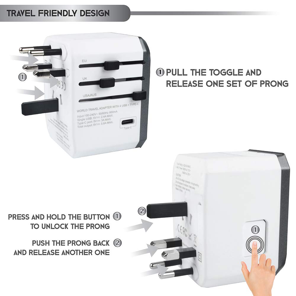 Power Plug Adapter - International Travel (w/5 USB Ports and USB Type C)- Work 150+ Countries - 220 Volt Travel Adapter - Type C A G I A/C - UK Japan China EU Europe European