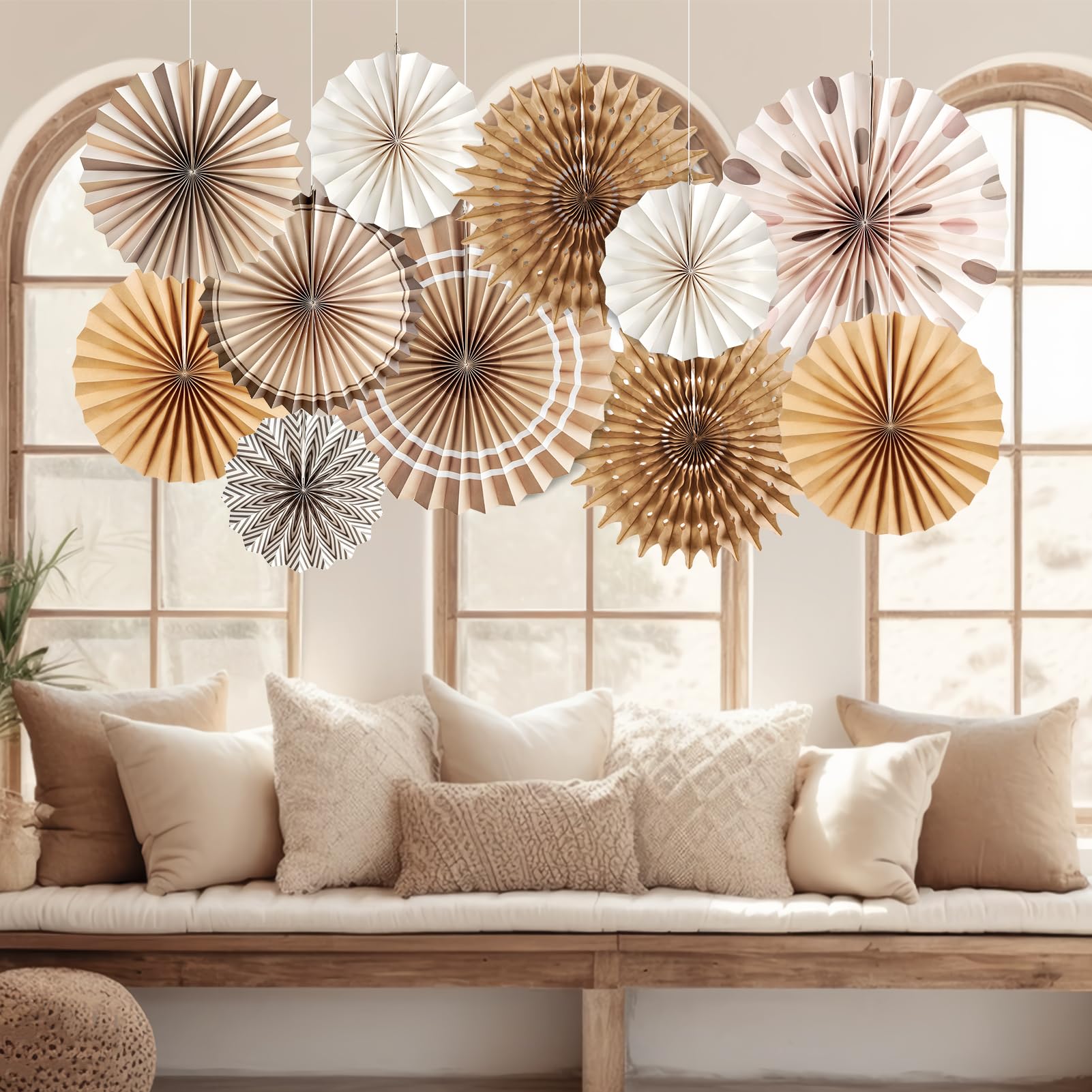 Easy Joy Boho Hanging Paper Fans White Brown Champagne Party Decorations Neutral Rustic Paper Fans Classroom Decoration for Baby Shower Birthday Wedding Bridal Party