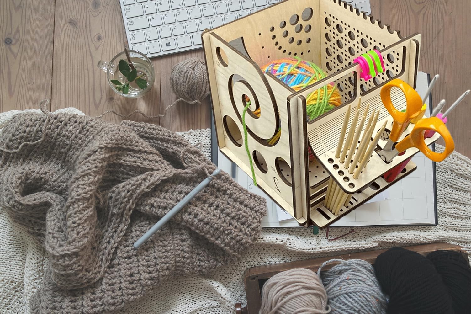 All in One Wooden Yarn Bowl for Knitting - Multi Purpose Yarn Ball Box for Crocheting - Multifunctional Knitting Tool - Gifts for Crochet Lovers