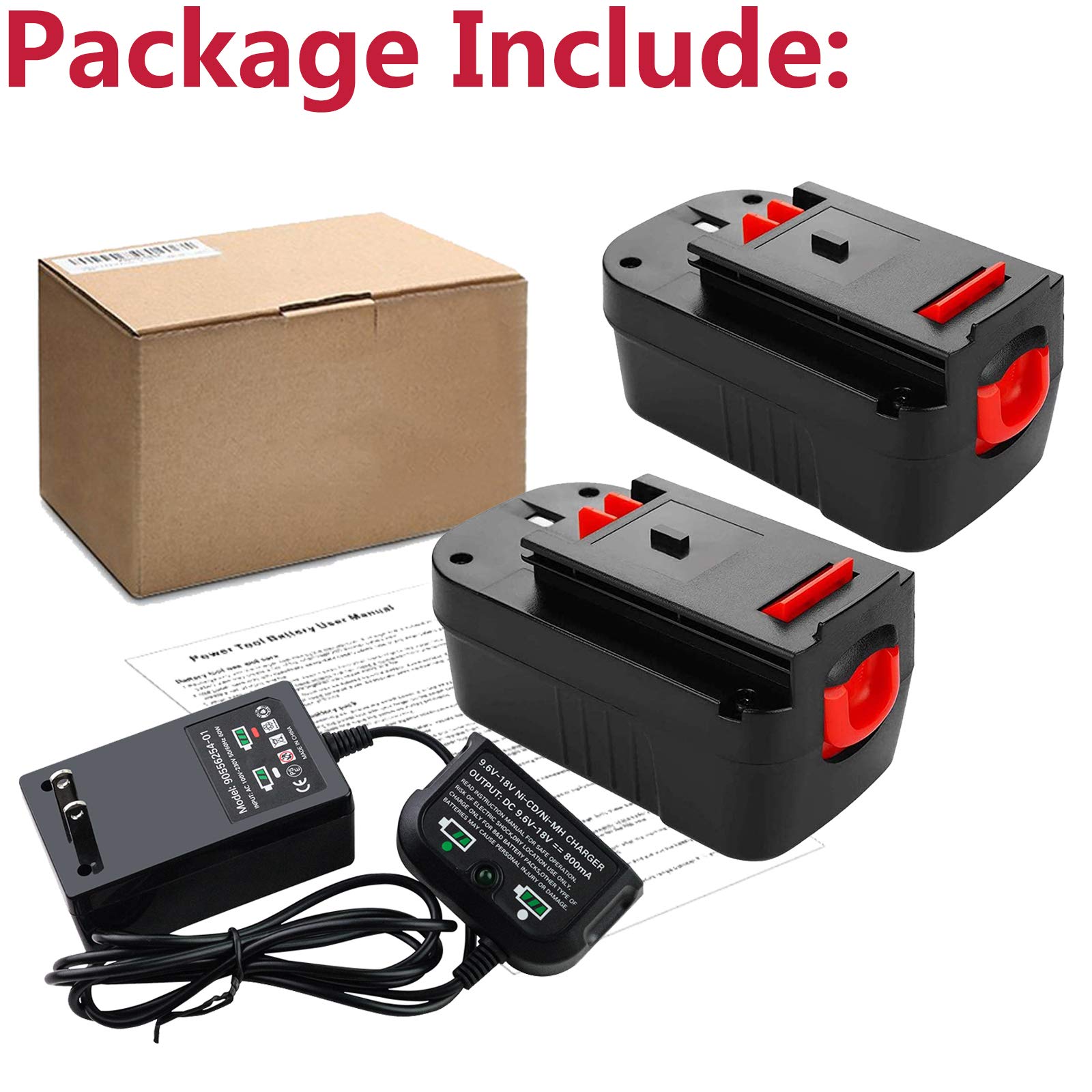 2Packs HPB18 18V 3.8Ah Replacement for Black and Decker 18 Volt Battery Compatible with 244760-00 FS18FL and Charger for Black and Decker 9.6V-18V Ni-Cd&Ni-Mh Battery