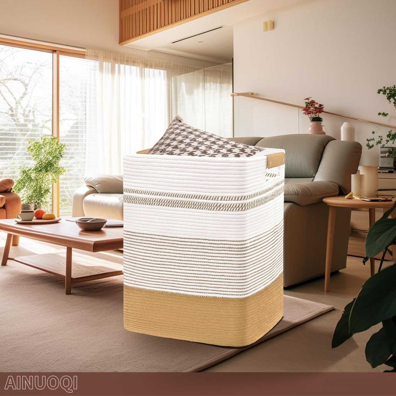 AINUOQI Laundry Hamper - 85L Large Laundry Basket with Leather Handles, Decorative Storage Basket for Blankets - Cotton Rope Woven Baskets for Storage, Clothes Hamper for Living Room, Jute & White