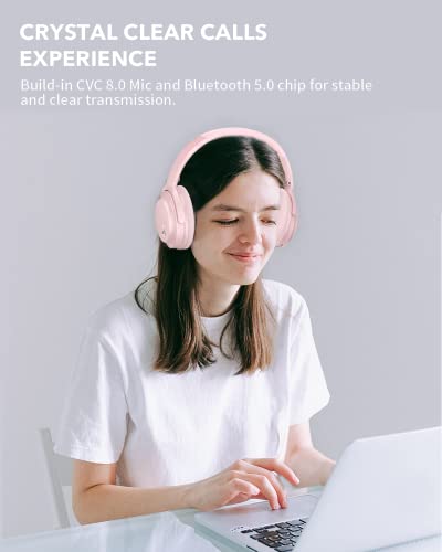 HROEENOI Active Noise Cancelling Wireless Bluetooth Over-Ear Headphones, Memory Foam Ear Cups, Quick Charge for 40H Playtime, Ideal for Travel, Home Office, Gym Workouts -Pink