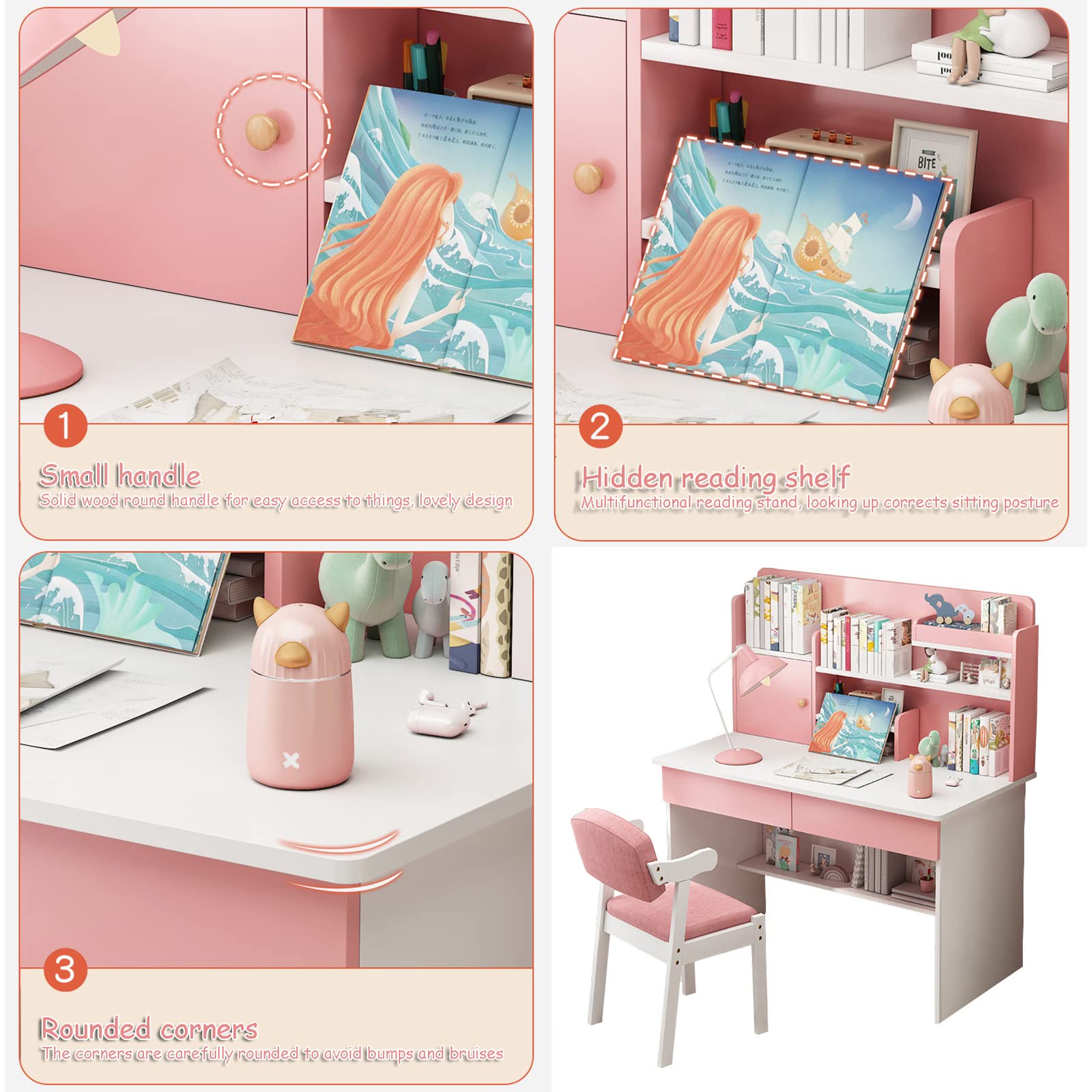 QQXX Cute k*id-s Study Desk with Chair,Wooden Ergonomics Study Desk Table with Drawer and Storage Shelf,Computer Workstation with Bookshelf Hutch,Multi Function Desk and Chair Set for Boys and Girls