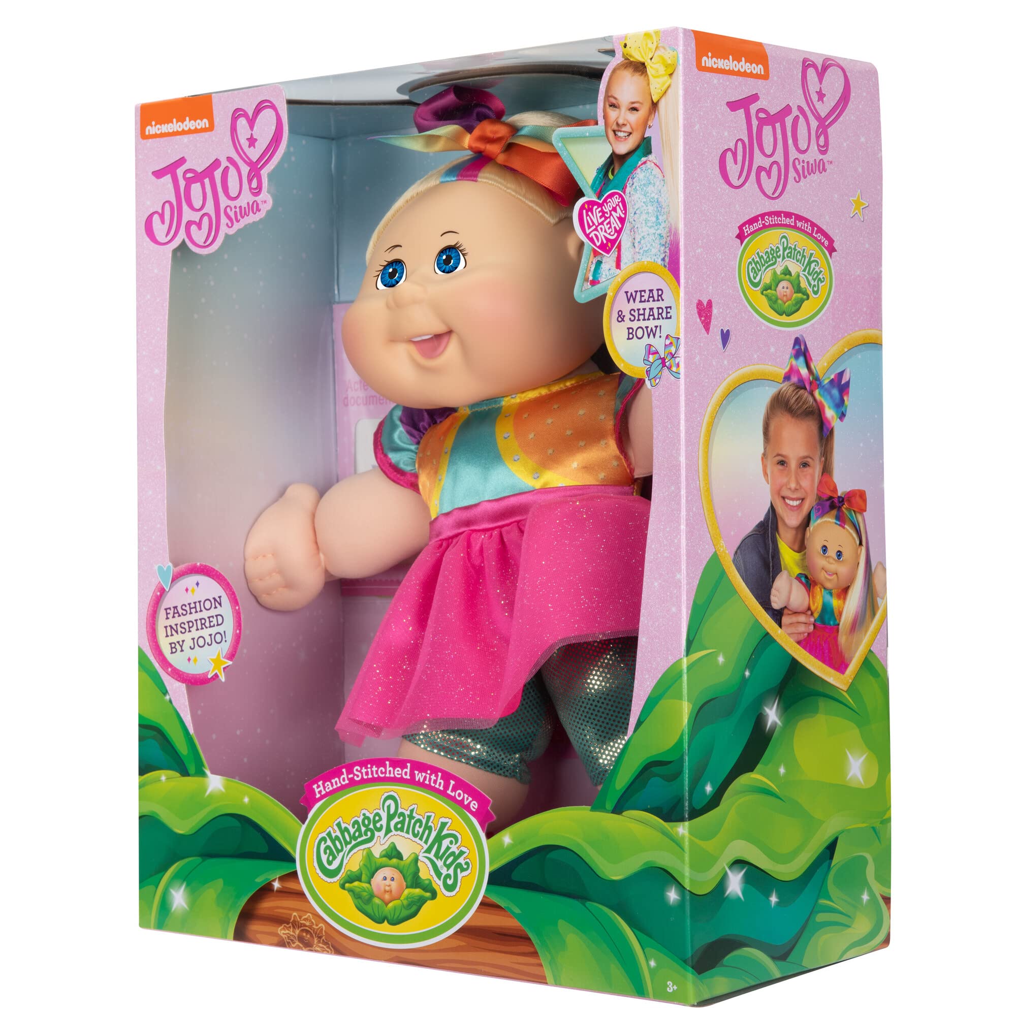 Cabbage Patch Kids - JoJo Siwa Doll - 14” Plush Toy - Includes Sparkly Dress, Jeweled Bodice - Pink and Blue Highlights with Giant Hair Bow – with Birth Certificate, Date, Time - Amazon Exclusive