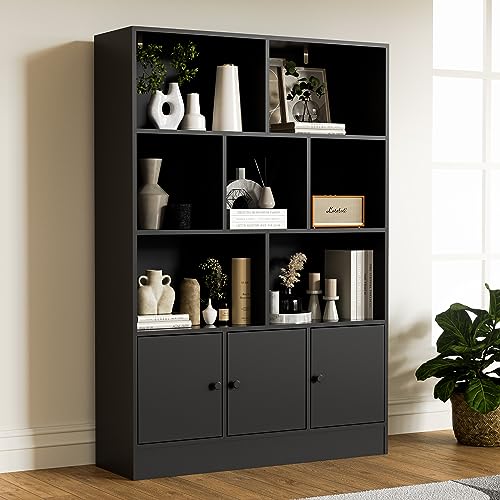 Anystyle Black 10 Cube Bookshelf, 4-Tier Bookcase Storage Cabinet with 3 Doors for Bedroom, Living Room
