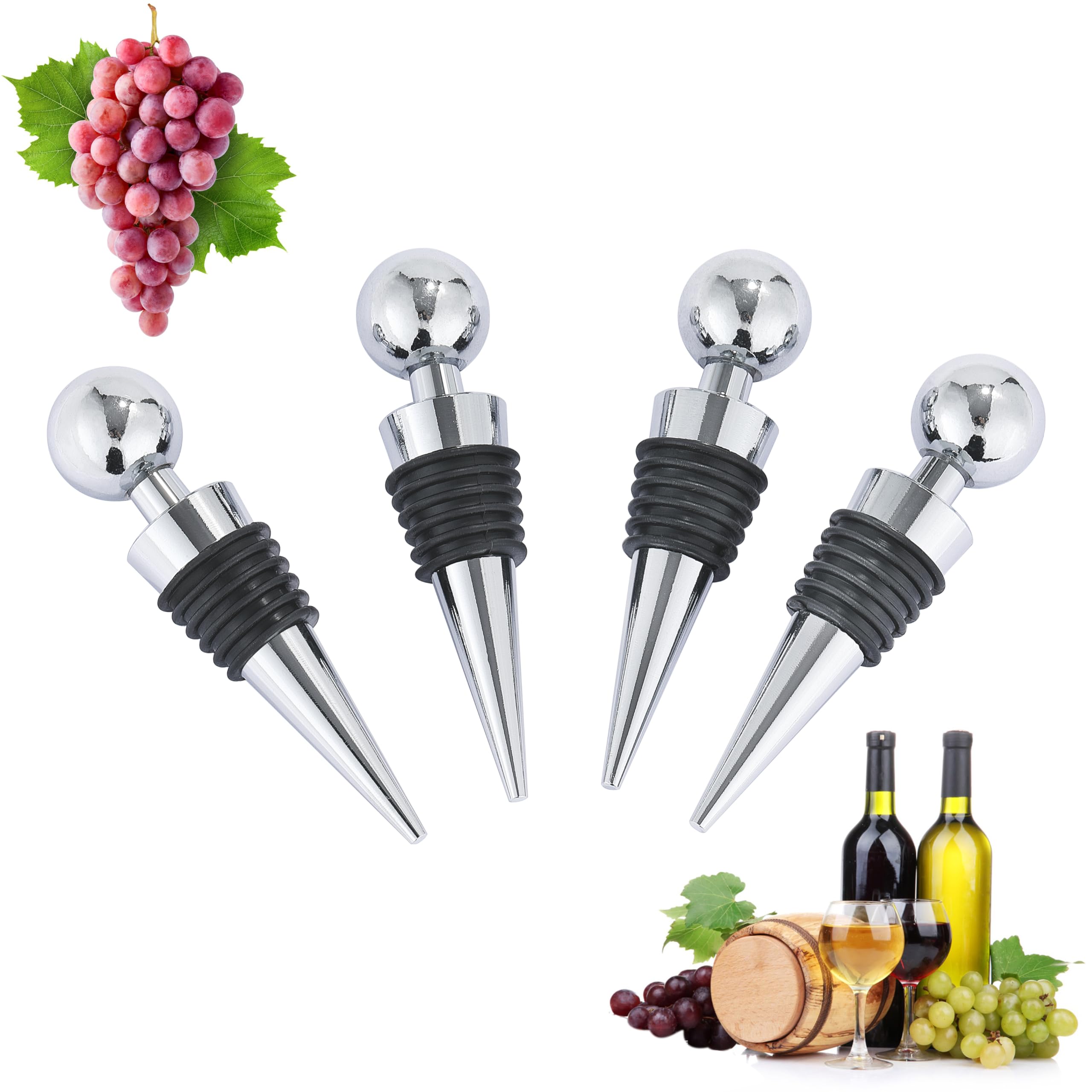 4PCS Wine Stopper, HIA Reusable Leak Proof Wine Stoppers, Premium Materials (Aluminium Alloy + Silicone) Wine Bottle Stopper, Wine Corks for Bar, Camping, Party, Wedding