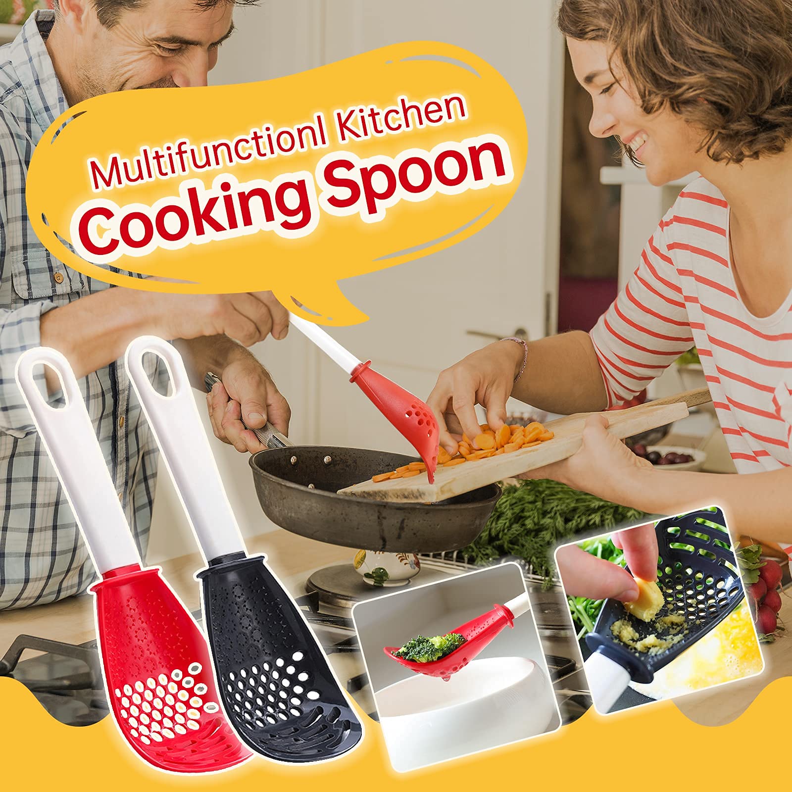 2Pack Multifunctional Kitchen Cooking Spoon, Slotted Spoon for Cooking Strainer Spoon, All in One Garlic Press Grinder Kitchen Spoons for Mashing Draining