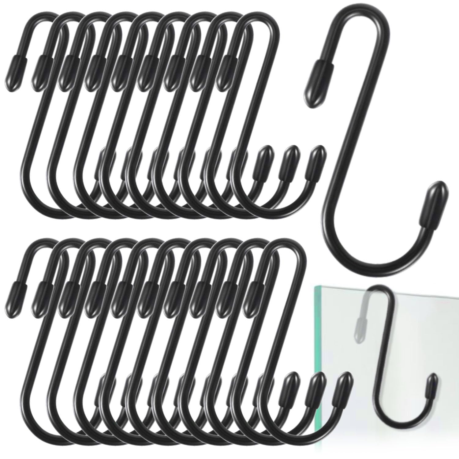 PENGBGOOL 4.3 inch Shower Door Hooks, 20 Pack Shower Glass Door Hooks, S Hooks for Hanging, Heavy Duty S Shaped Hooks for Wire Shelving, Garage, Garden, Bathing Suits, Robe, Towel, Squeegee
