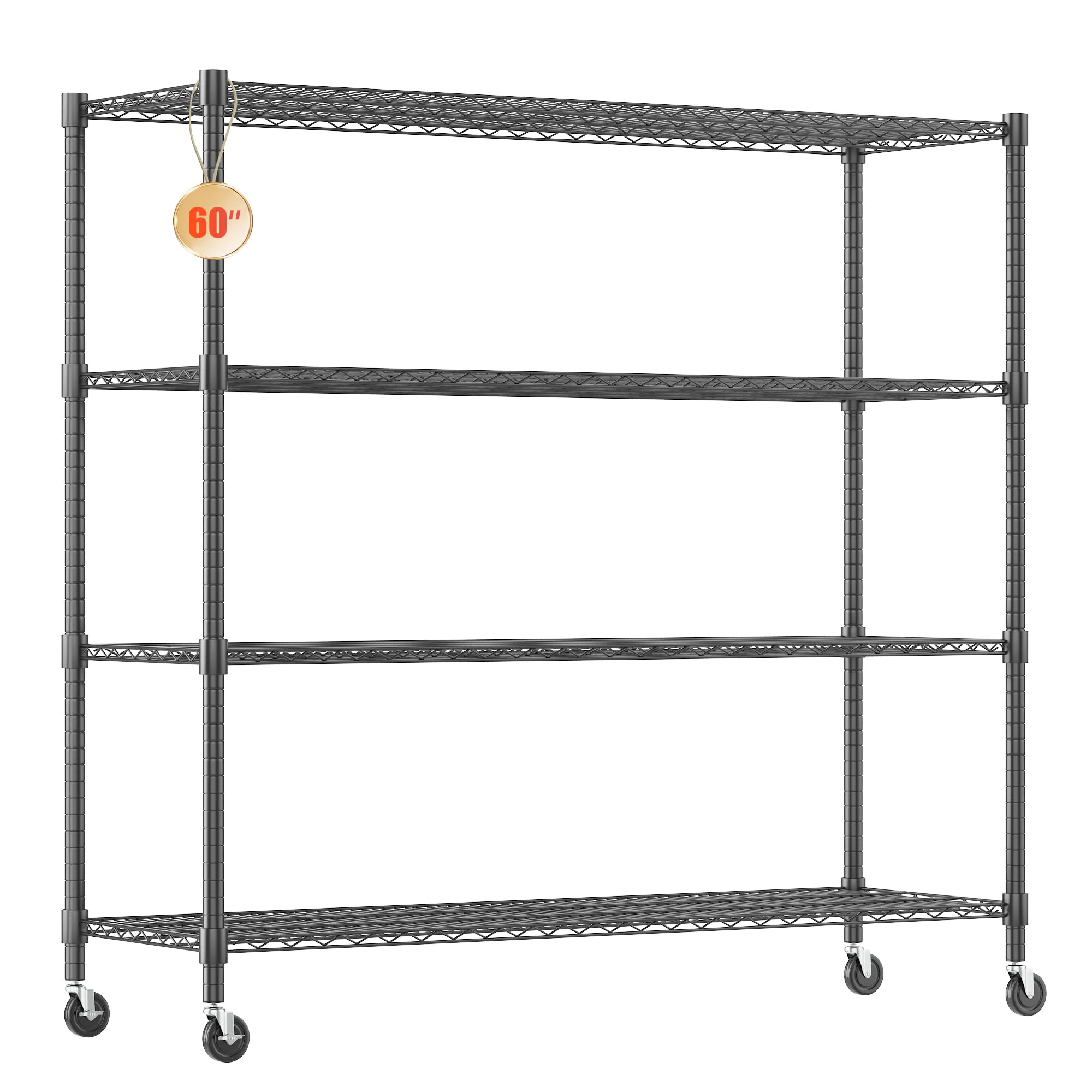 Homdox 60āW Storage Shelves, 4 Tier Heavy Duty Wire Shelving Unit with Wheels, 2400LBS Commercial Adjustable Metal Shelves for Storage, Garage Rack Pantry Shelves Kitchen Shelving, 24"x60"x72", Black
