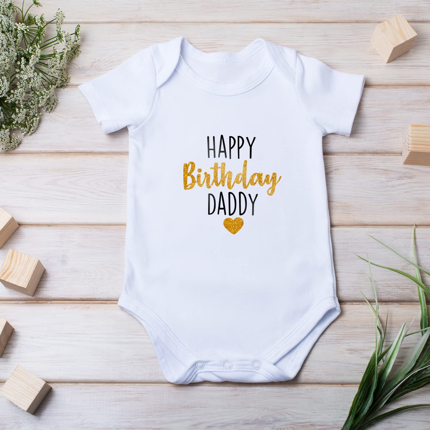 Organic GOTS Certified Baby Onesie Unisex Bodysuit 0-18 months - Happy Birthday | Present Gift (Gold - Happy Birthday Daddy, 0-3 Months)