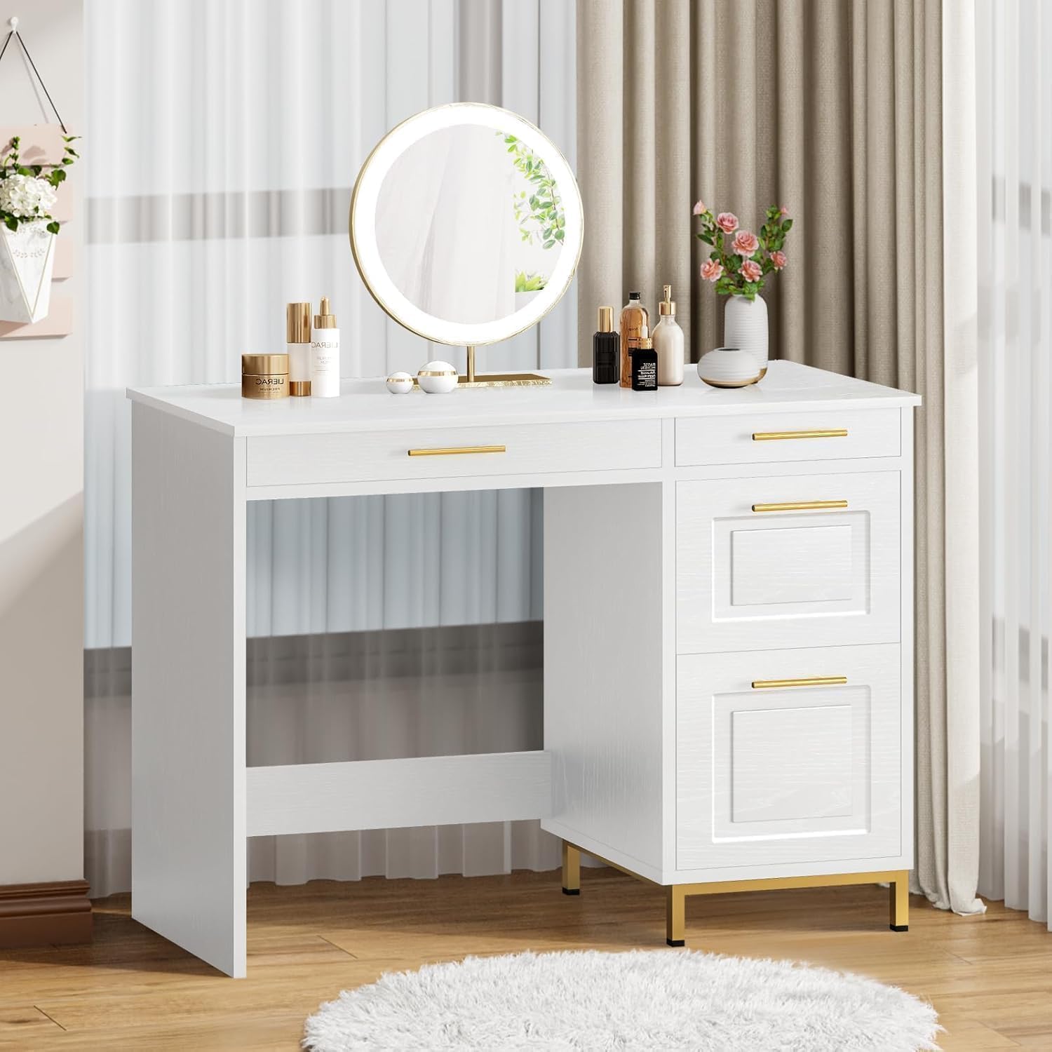 4 EVER WINNER Small Desk with Drawers and Golden Handles, 43" White Desk with Drawers, Wood Writing Study Table with Storage, White and Gold Desk for Small Spaces, White