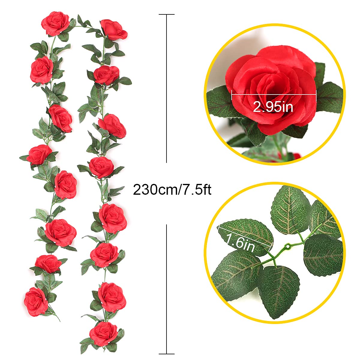 Yebazy 2PCS(15FT) Rose Garland Red Roses Vine Artificial Flowers Plants for Hotel Wedding Home Party Garden Craft Art Decor (Red)