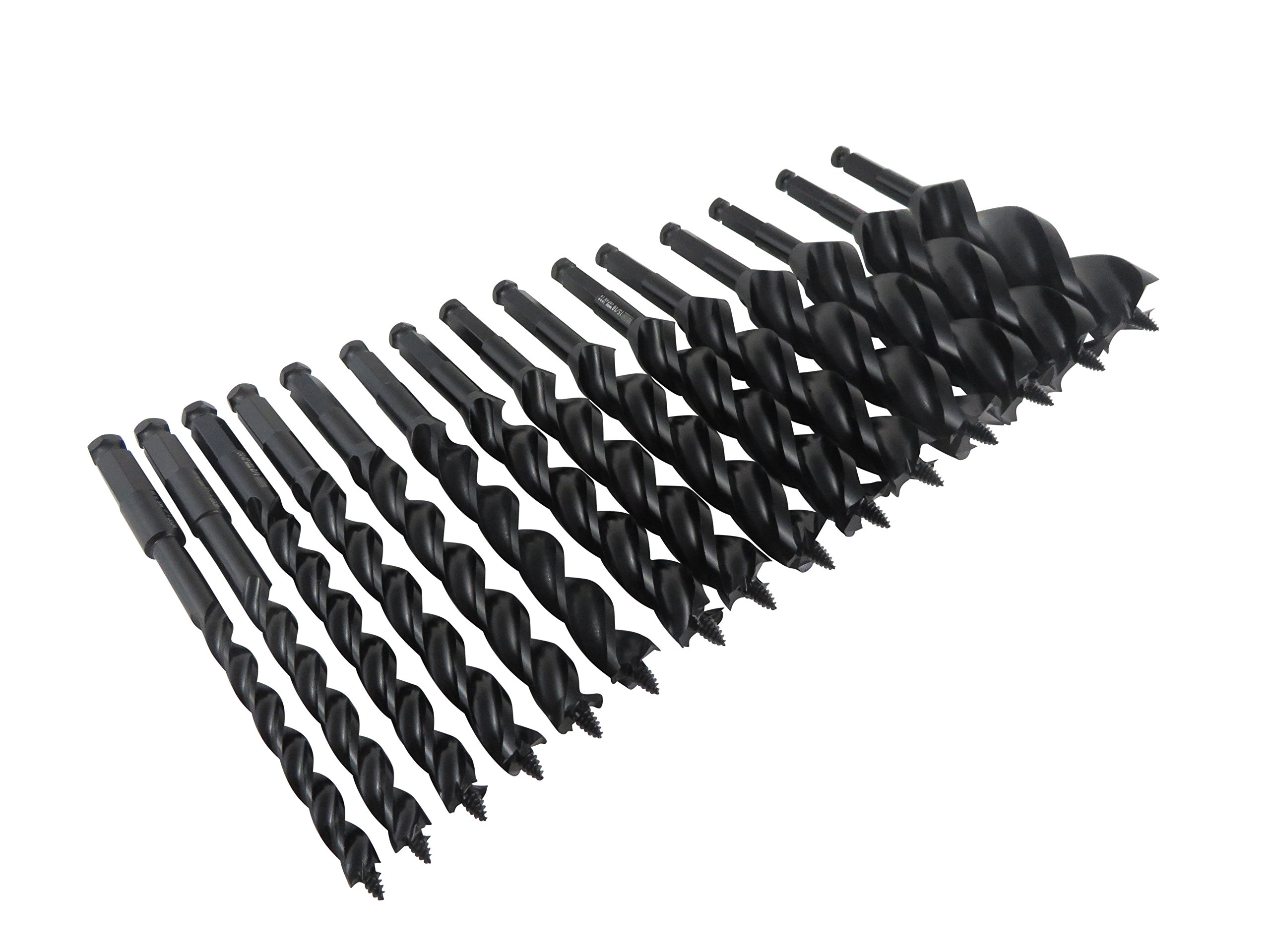 WoodOwl 15 Piece Set with 3/8" to 1-1/2" by 1/8ths x 7-1/2â Long Ultra Smooth Tri Cut Auger Hand Brace Boring Bit PTEE coated 09703-09719