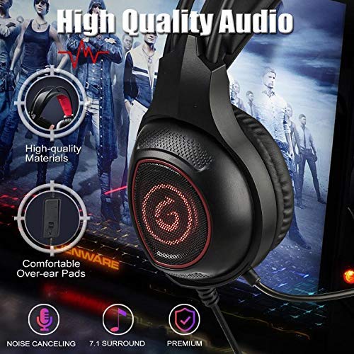 2021 PS5 Gaming Headset with 7.1 Surround Sound, Mute Microphone and RGB LED Light, Compatible with PC, Xbox One, PS5, PS4, Nintendo Switch, Mac, (RED)