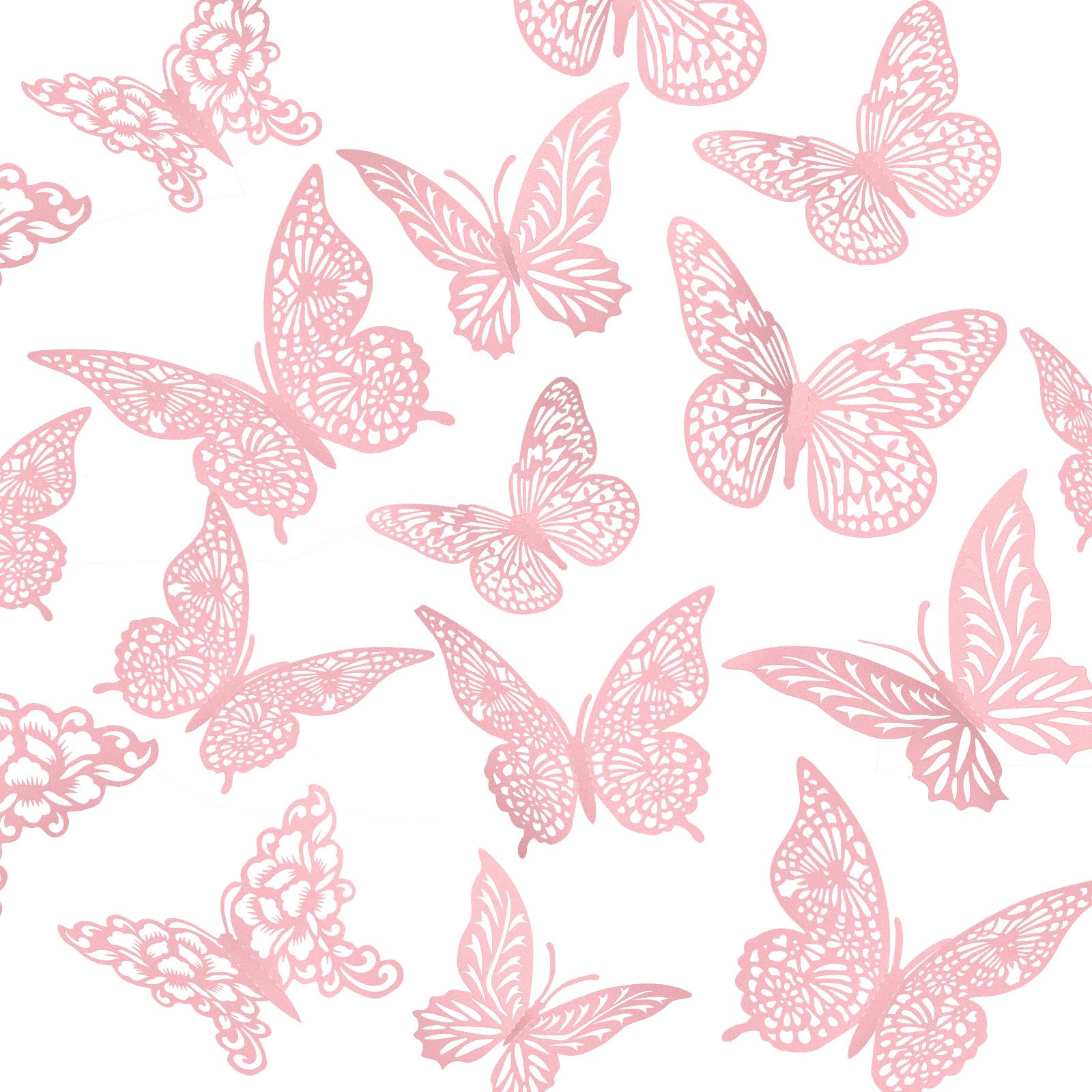 3D Pink Butterfly Decorations Butterflies Stickers, XUNXMAS 48Pcs 4 Styles 3 Sizes Butterfly Wall Decor Party Birthday Cake Decorations, Removable Stickers Decals for Mirror Kids Room Bedroom Wedding