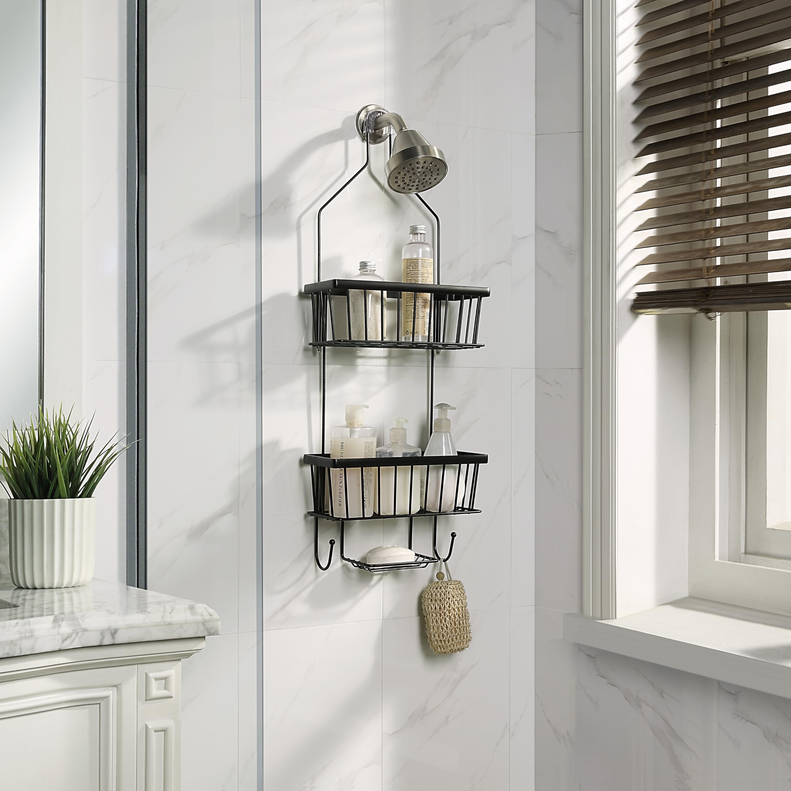 SunnyPoint Bathroom Classic Hanging Over The Shower Head Caddy (28.74" H x 10.83" W x 4.61" D)(Black)