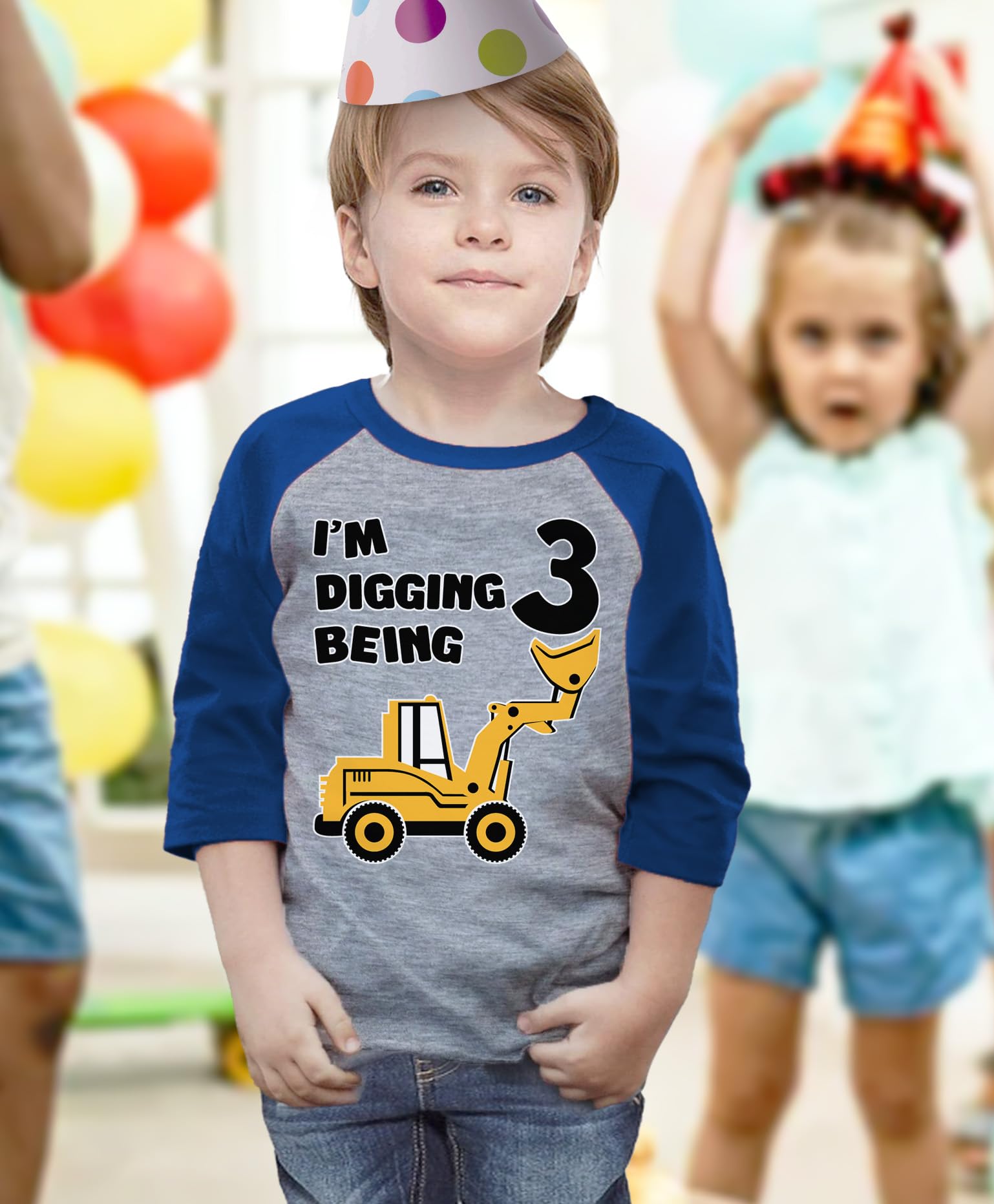 I'm Digging Being 3 3rd Birthday Shirt Boy Construction Kids Raglan T-Shirt Blue 3T