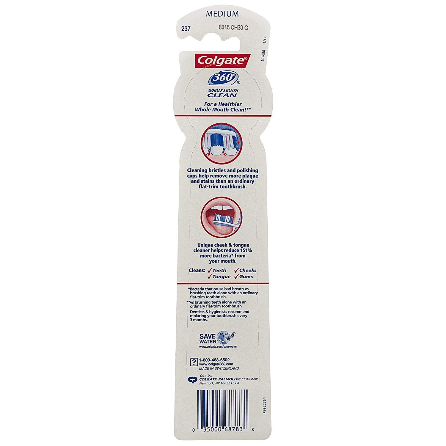 Colgate 360 Medium Toothbrush with Tongue and Cheek Cleaner, 6 Count