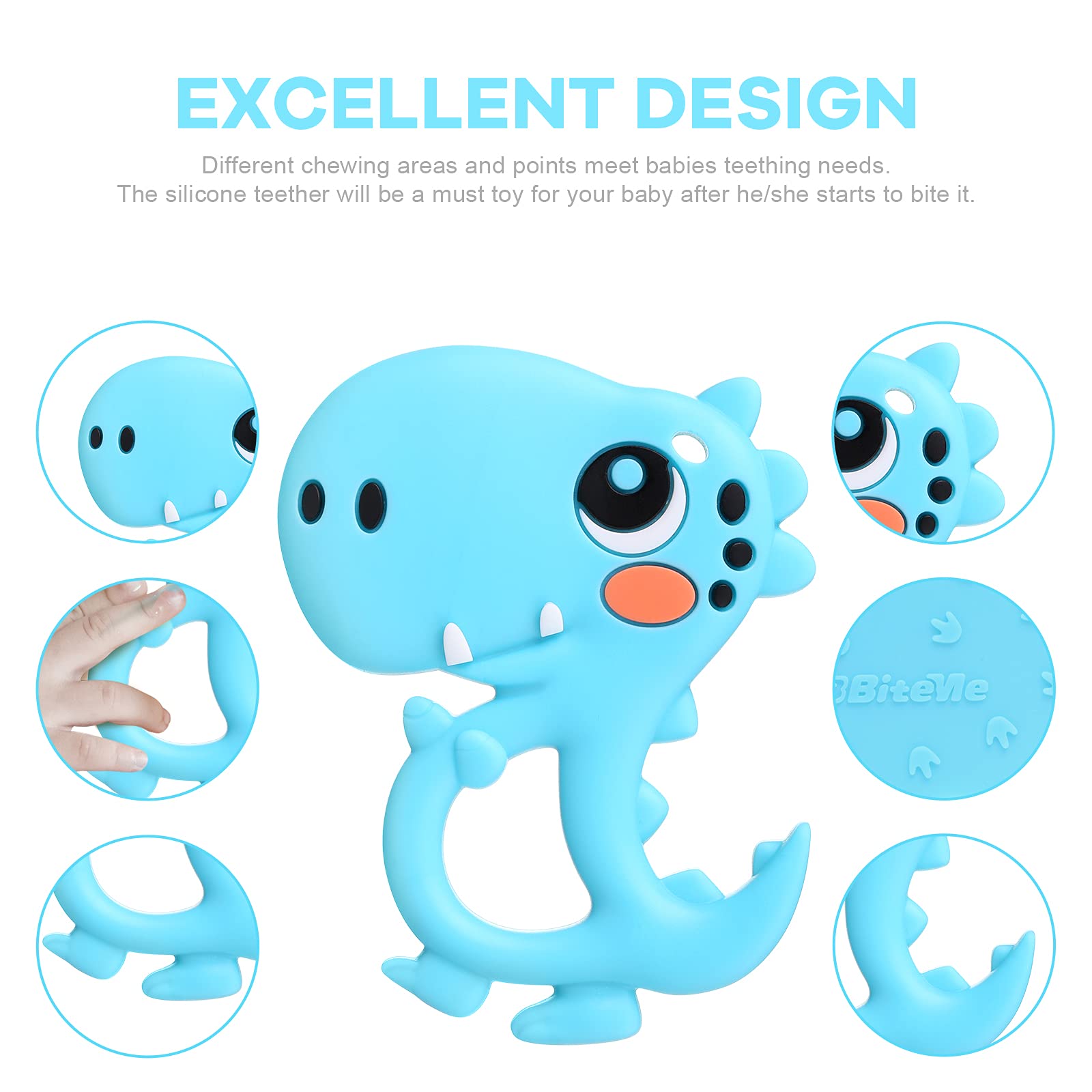 BBBiteMe Baby Teething Toys Silicone Dinosaur Baby Teethers for Babies 0-6, 6-12 Months, BPA-Free Teether Gifts Baby Shower Toy for Toddlers and Infants(Blue)