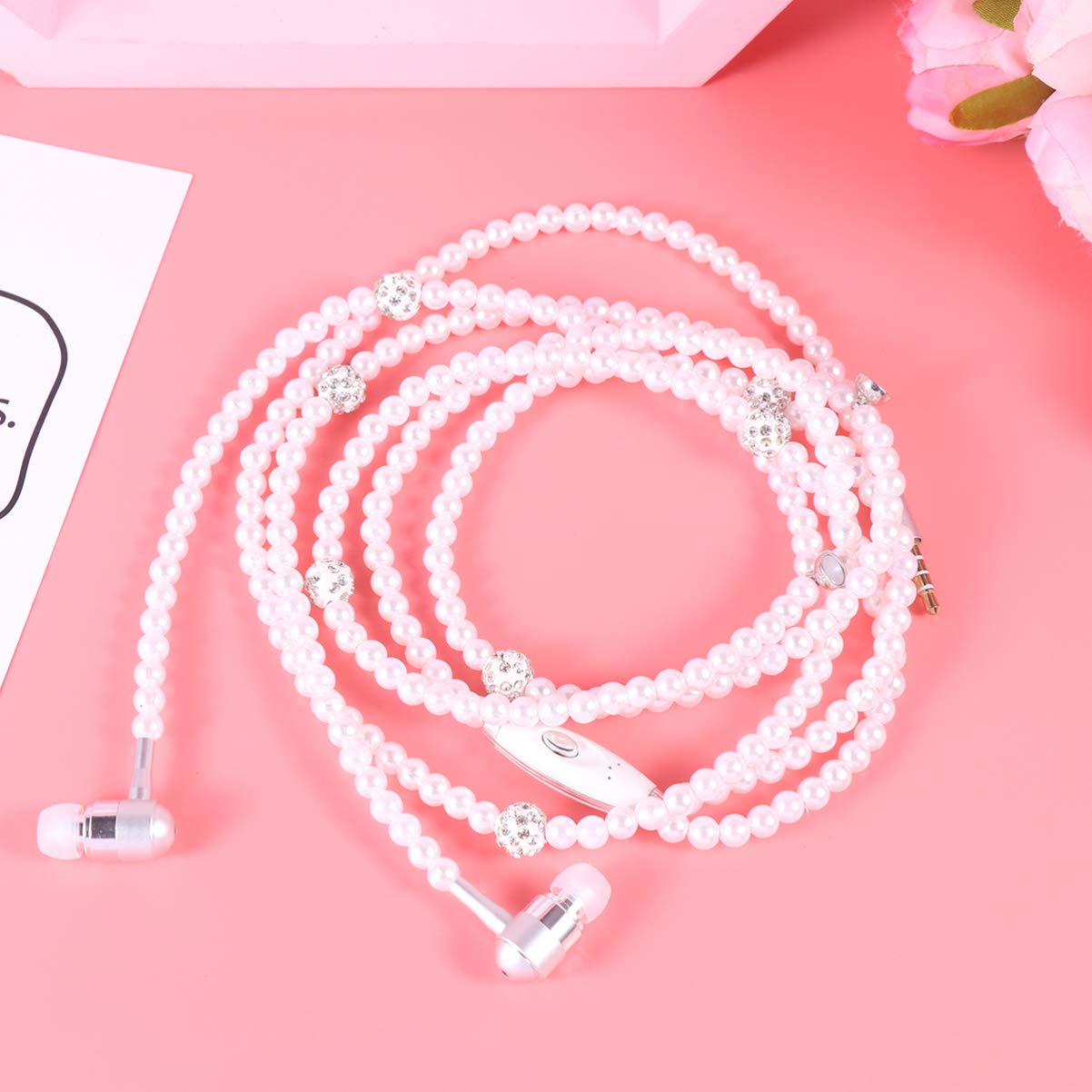in-Ear Eardphones with Mic - in-Ear Headset with Remote and Mic Hands- Wired Pearls Chain Universal Earphone for Girls Women Student (White)