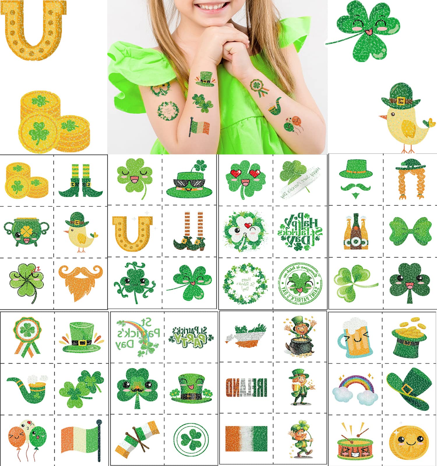 St. Patrick's Day Glitter Tattoos,Shamrock Lucky Clover Temporary Tattoo Stickers, St. Paddy's day Decorations Pack of 8,48Pcs Waterproof Decor for Men Women Kids