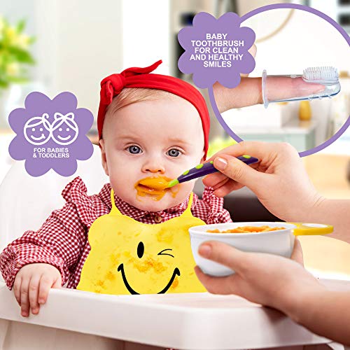 Baby Feeding Gift Set 8PC: Silicone Bib, Masher and Bowl, Spoon and Fork Set, Fruit Feeder with Rattle, Finger Toothbrush and Food Scissors by Bebe N Belle (Yellow)