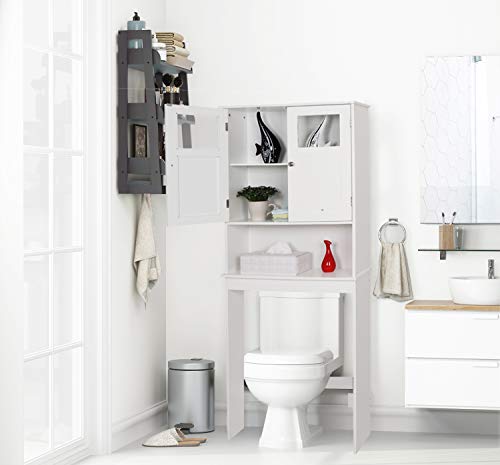 SSLine Over The Toilet Storage Cabinet Organizer,Home Bathroom Space Saver Shelf with Adjustable Shelf and Double Door, Free Standing Toilet Rack for Bathroom,White