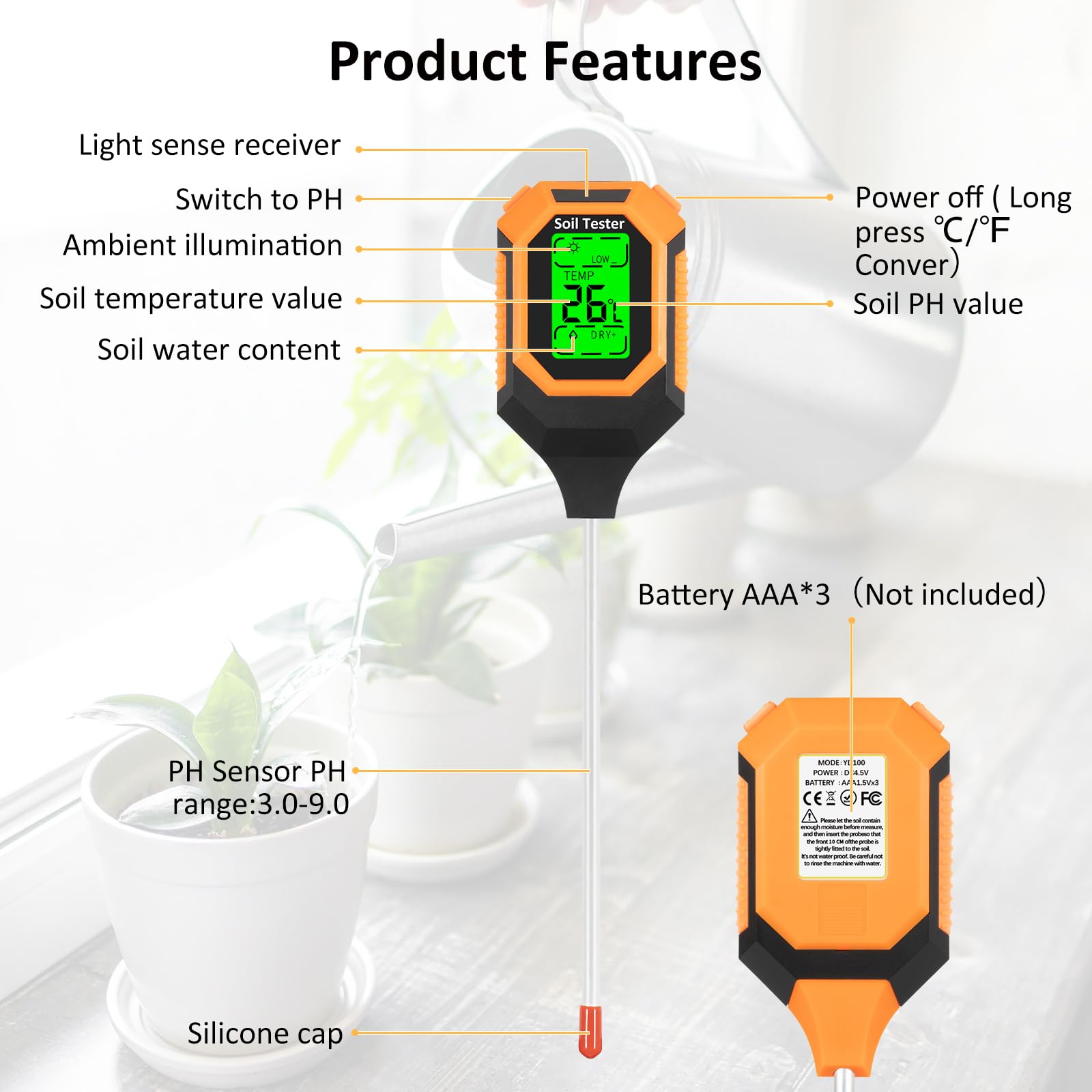 4 in 1 Digital Soil Moisture Meter,PH Meter/Soil Moisture/Plant Temperature/Sunlight Intensity,Green Backlight LCD Display,Soil Meter for Garden, Lawn,Plant Care,Farm and Indoor Outdoor Plants