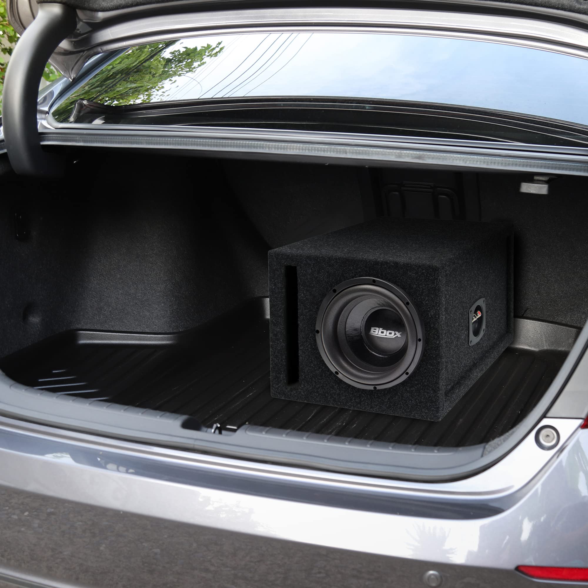 Bbox Single Hatchback Sealed 8 Inch Subwoofer Enclosure - Car Subwoofer Boxes & Enclosures - Premium Subwoofer Box Improves Audio Quality, Sound & Bass - Nickel Finish Subwoofer Terminal - Black