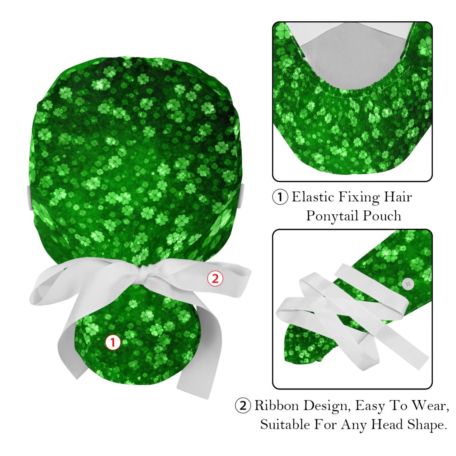 2 Pcs Working Cap with Button Sweatband, Green Clover Leaf Scrub Hats Ponytail Holder for Women Long Hair
