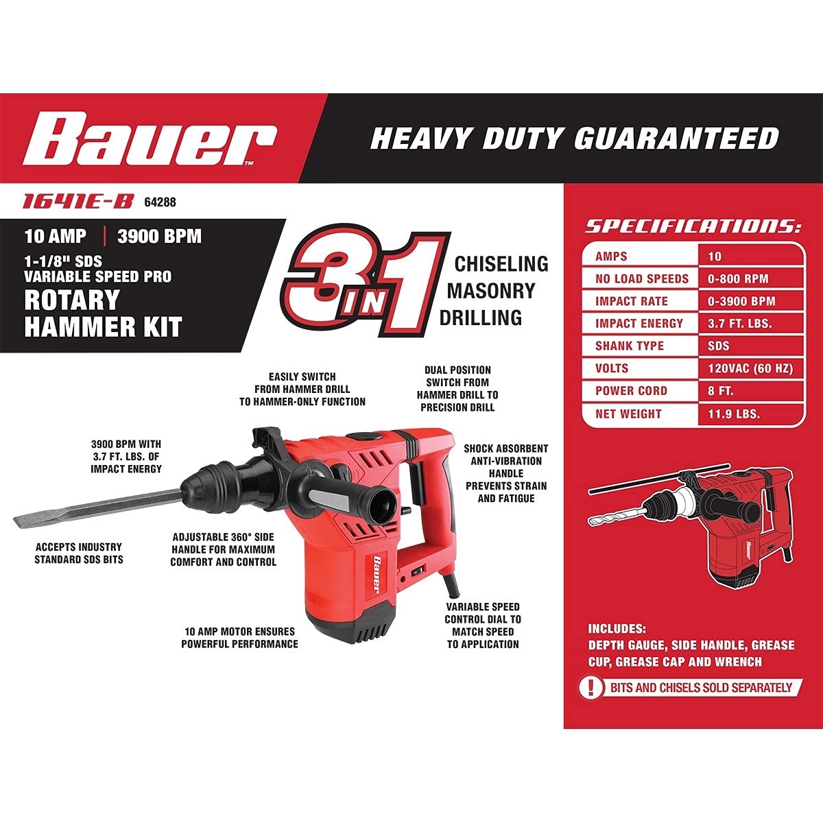 Bauer 1641E-B 1-1/8 Inch SDS Variable Speed 10 Amp Pro Rotary Hammer Kit featuring Anti-Vibration Handle