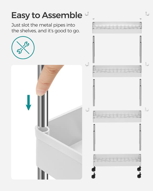 SONGMICS 4-Tier Slide Out Storage Cart, Slim Rolling Cart on Wheels, Slim Storage Cart, Space-Saving Bathroom Storage, Kitchen, Narrow Shelf, 15.7 x 5.3 x 33.9 Inches, White UKSC08WT