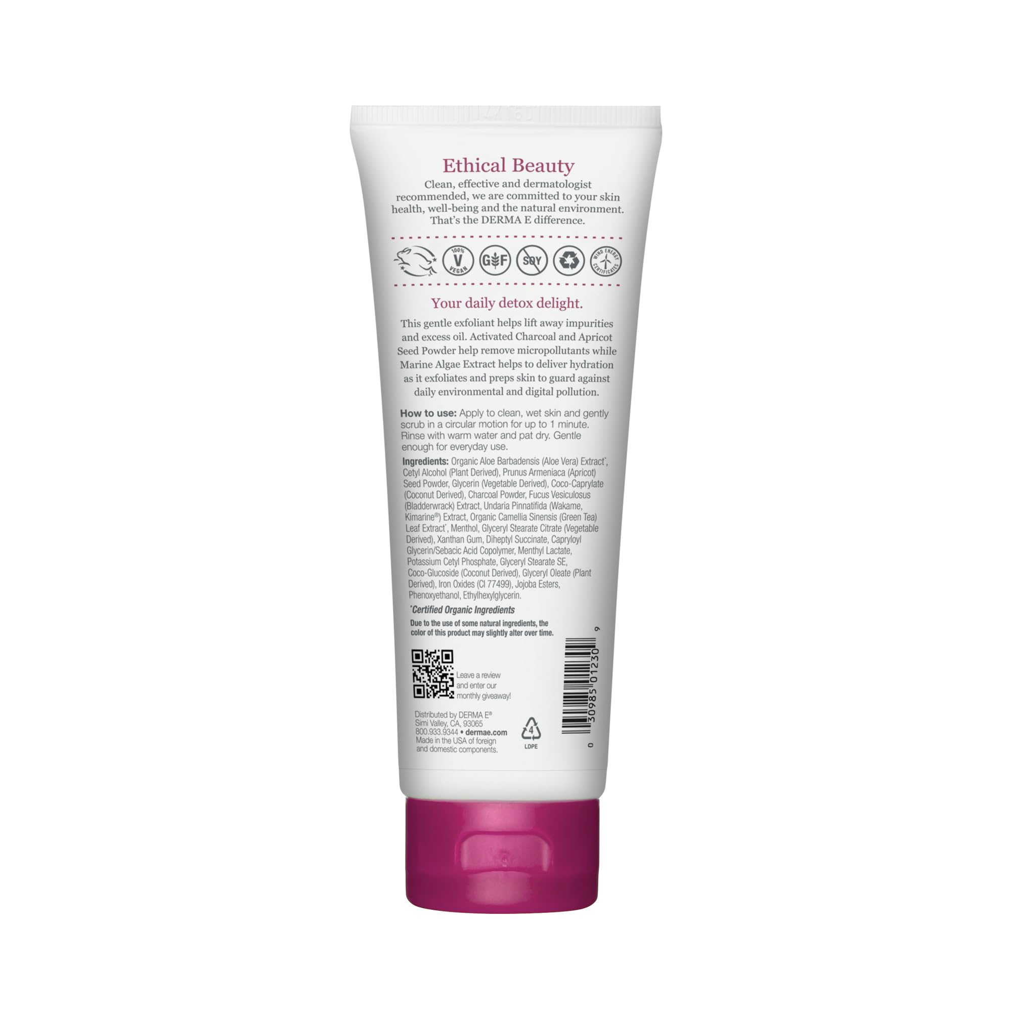 DERMA E Purifying Daily Facial Detox Scrub with Activated Charcoal and Seaweed Extract –Exfoliating Face Scrub Cleanses, Smooths and Brightens, 4oz