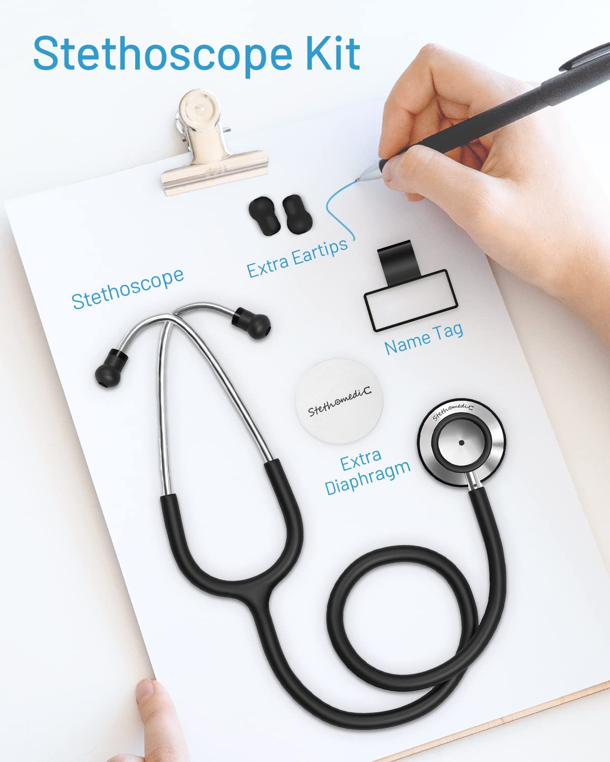 FriCARE Dual Head Stethoscope - Stethoscopes for Nurses, Medical Nursing Students, Paramedics/EMT/LVN/VNA Backup - FSA/HSA Eligible Estetoscopio, Smooth Black Tube, Stainless Steel Chestpiece