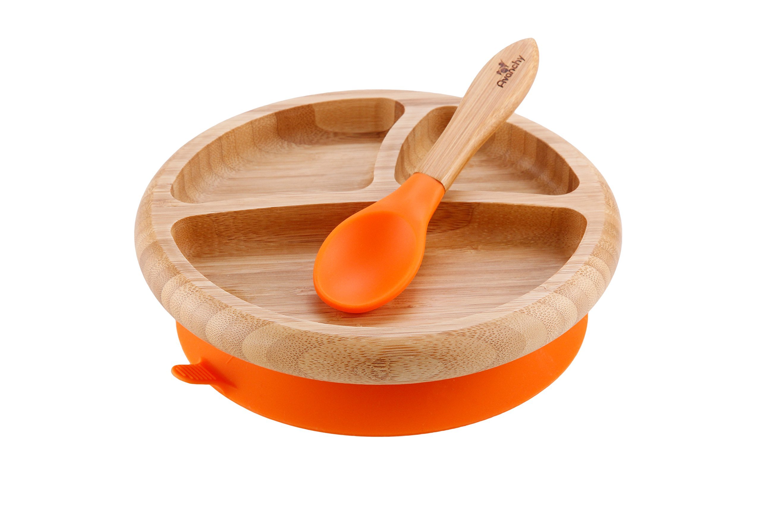 Avanchy Bamboo Baby Bowl + Baby Plate + 2 First Stage Spoons. Removable Suction Bottoms.