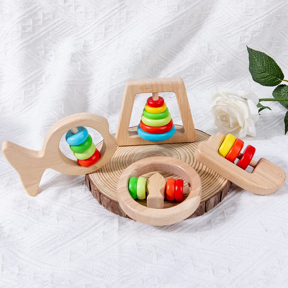 4Pcs Set Montessori Baby Wooden Rattle Toy Set Rainbow Color Shaker Bell Set