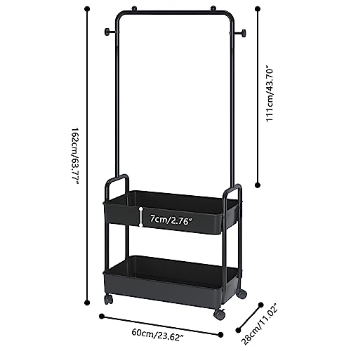ACCSTORE Metal Clothing Racks, Freestanding Trolley Coat Rack With Wheels,Garment Rack For Storage,Clothes Rack,Heavy Duty Clothing Rack,Garment Racks With 2 Tier Plastics Storage Shelf,Black