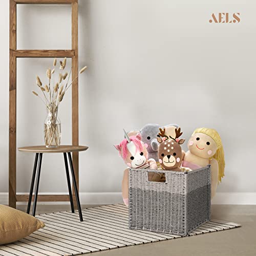 AELS Woven Baskets for Storage, Natural Hand-woven Storage Baskets for Organizing, Cubby Cubes Storage Bins for Shelves, 11" Modern Farmhouse Square Storage Cubes with Handles, Ombre Gray, 2 Pack