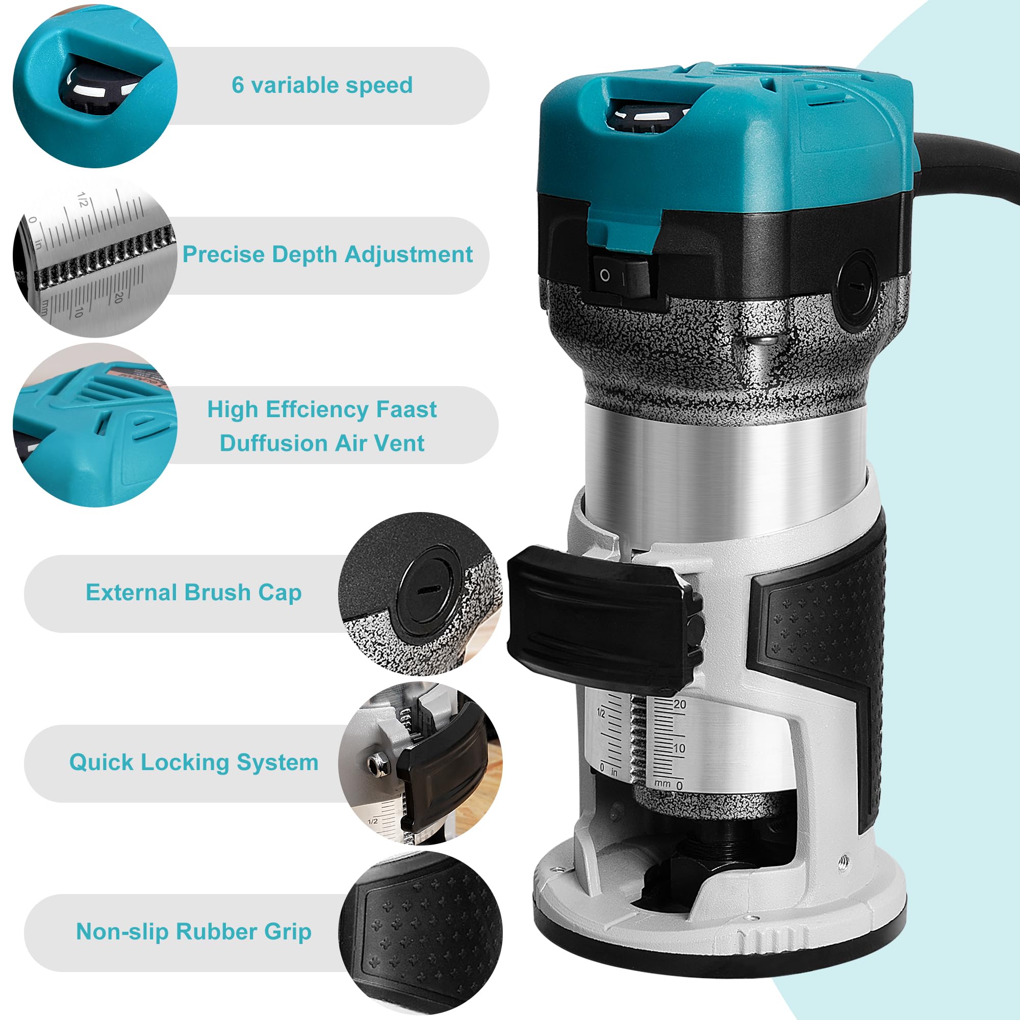 4 in 1 Wood Router Tool,1.25-HP Compact Router 6 Variable Speed, with Plunge Router & Fixed Base,12-Piece Router Bits Set