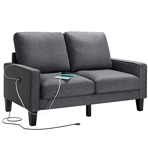 AOGLLATI 58" Small Loveseat for Bedroom with Hidden Storage, Love Seat with 2 USB Charging Ports, Loveseat Sofa with Side Storage Pocket, Sofa Couch for Living Room Apartment and Small Spaces