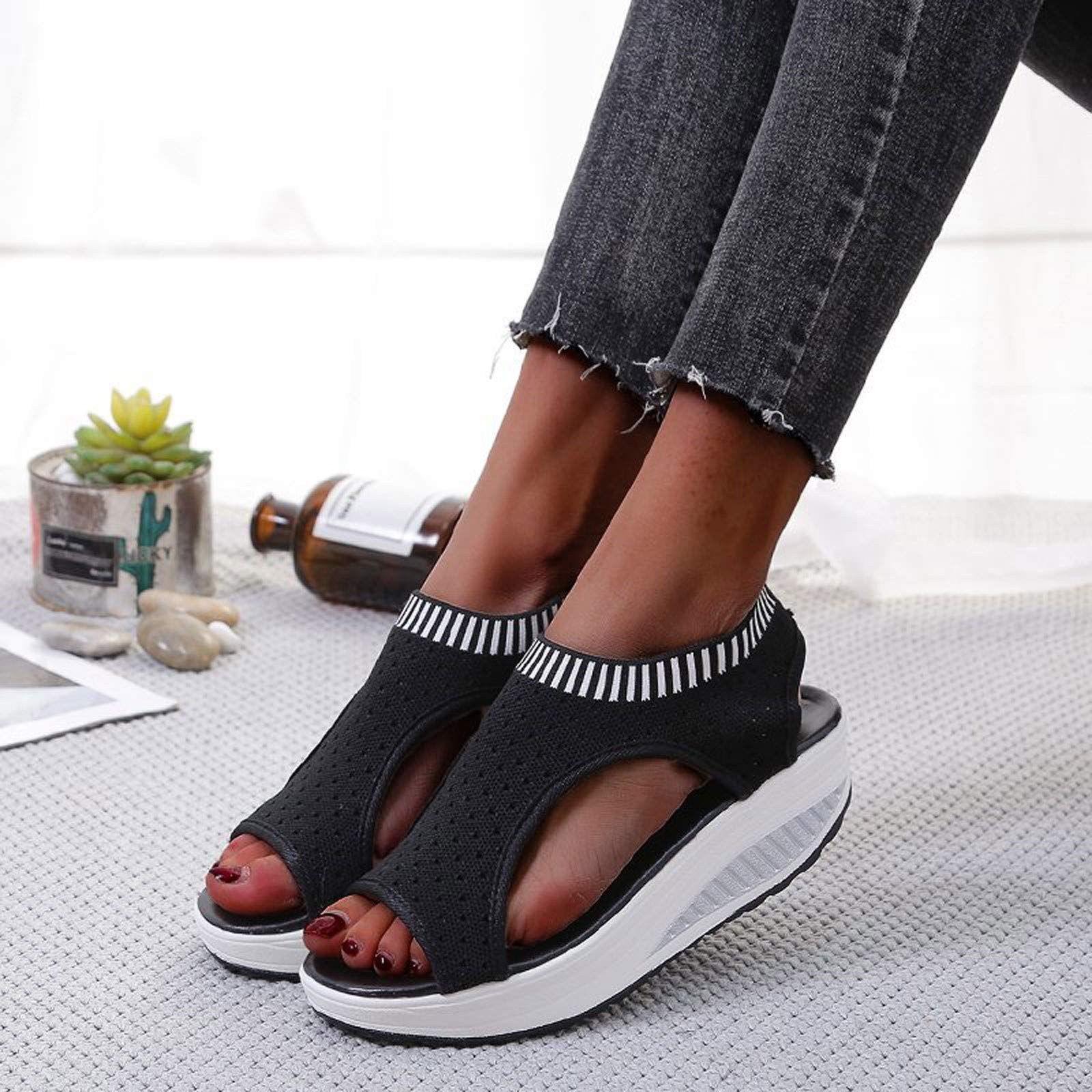 Women Casual Wedge Sandals Hook Loop Non Slip Thick Bottom Peep Toe Platform Chunky Sandal Shoes