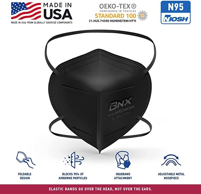 AccuMed BNX N95 Mask Black MADE IN USA Particulate Respirator Protective Face Mask (10-Pack, Approval Number TC-84A-9315 / Model H95B)
