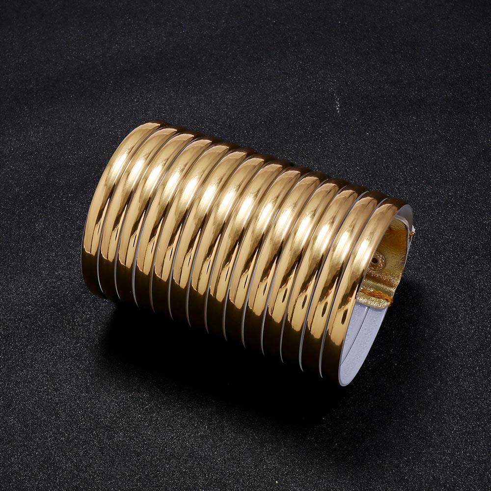 2 Pcs/Set African Gold Snap Bangle Bracelets Punk Gothic Metal Buckle Wide Leather African Ethnic Jewelry Statement Cuff for Women-Smooth