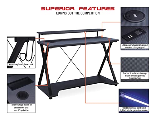 OSP Home Furnishings Checkpoint Ghost Battlestation Gaming Desk with RGB LED Lights, Black