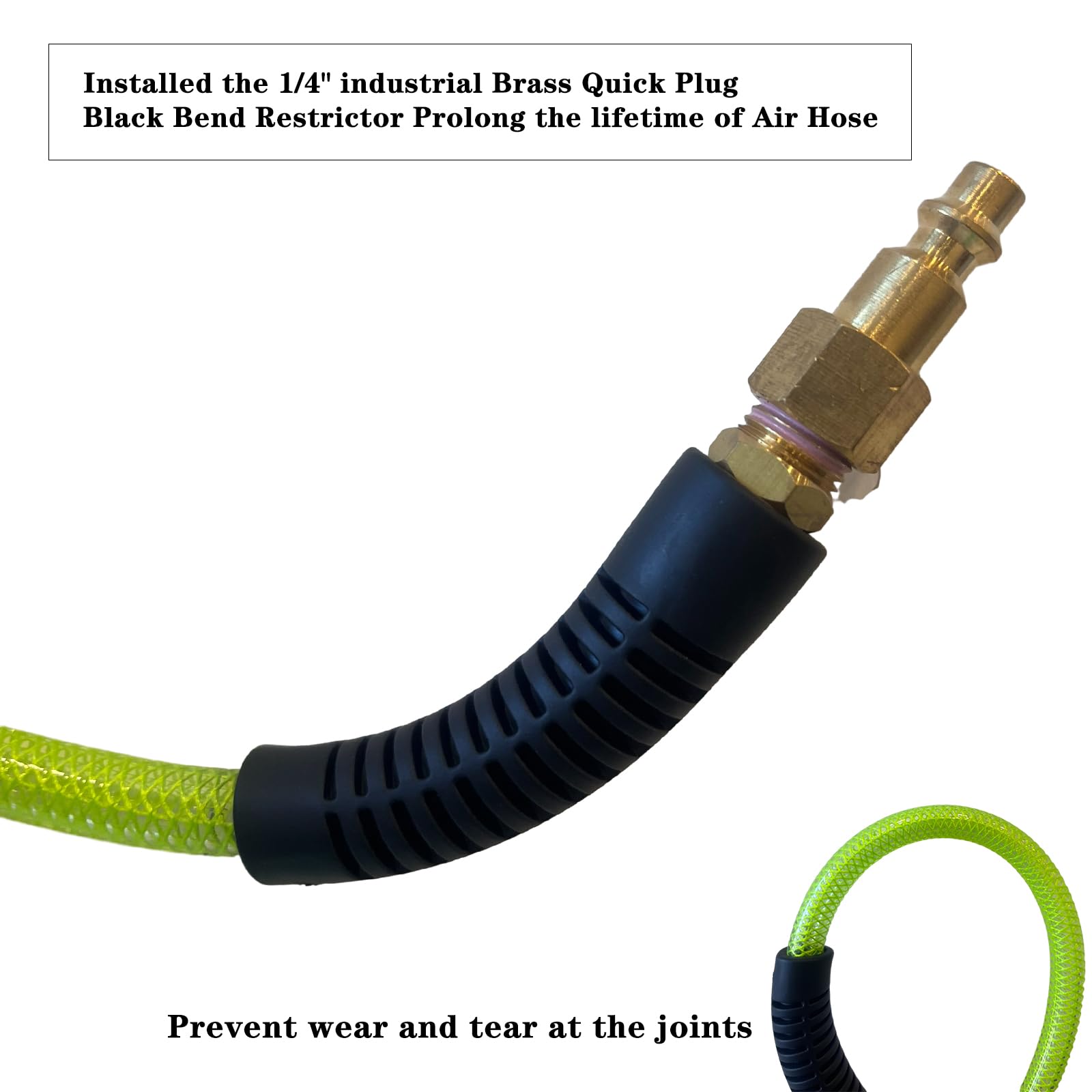 Air Hose 1/4 in x 100 ft, Polyurethane(PU), Reinforced Air Compressor Hose, Lightweight, Kink Resistant with 1/4β Industrial High Flow Quick Coupler&Plug, Bend Restrictors,300 PSI (100FT, White Green)