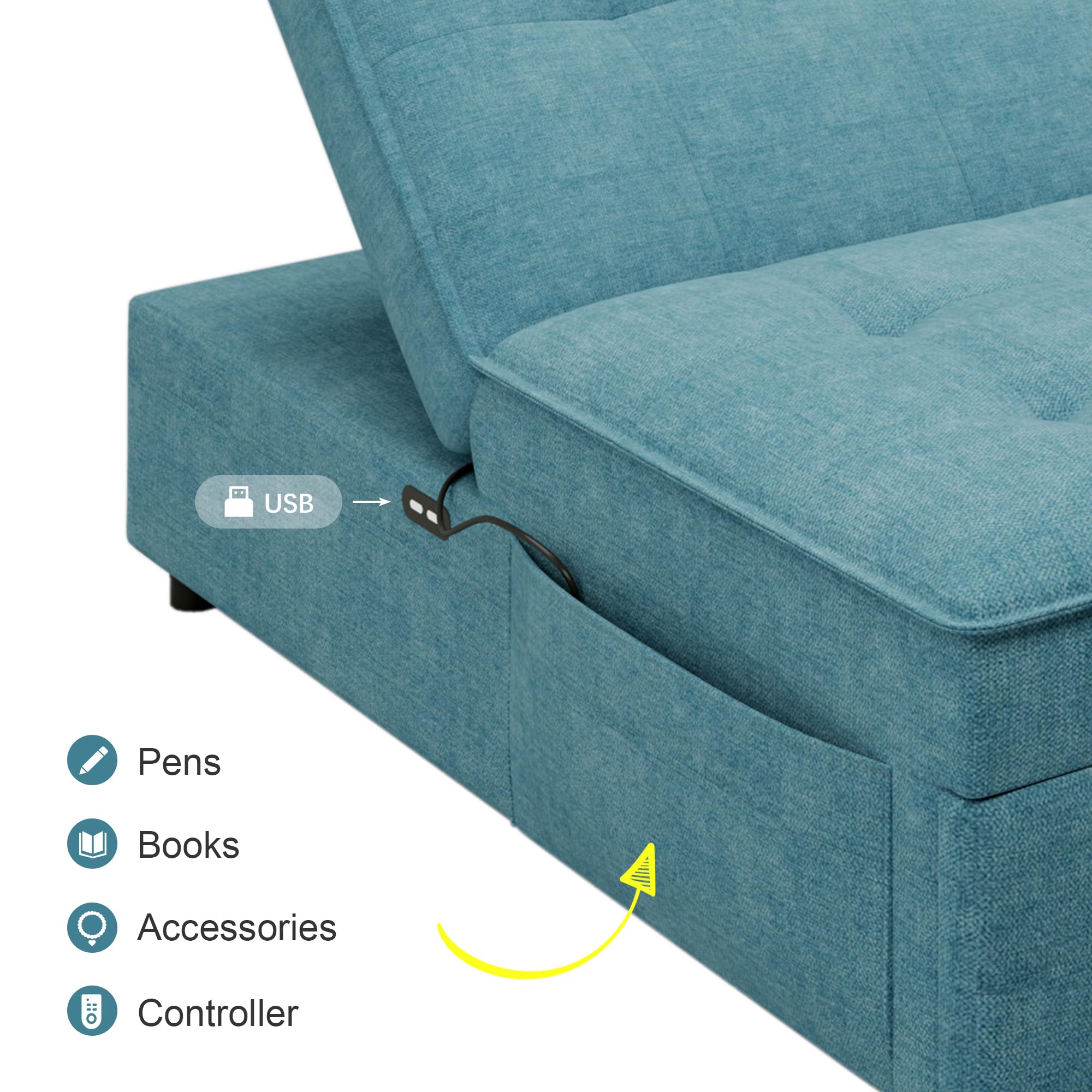 4 in-1 Sofa Chair Bed, Multi-Function Folding Ottoman Bed with Storage Pocket and USB Port for Small Room Apartment,Living Room,Bedroom,Hallway(Teal)