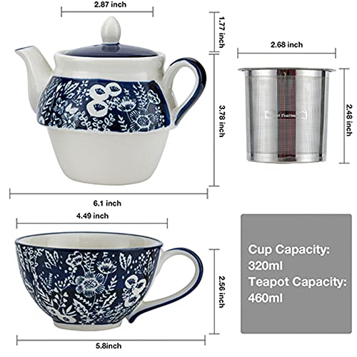 Taimei Teatime Ceramic Tea for One Set, 15 OZ Teapot with Infuser and Cup Set, Blue and White Teapot Set for one, Tea Set for Women, Adults