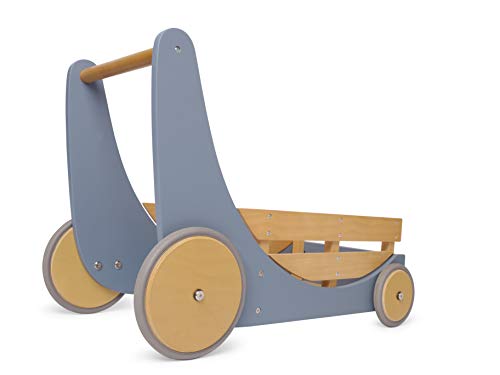 Kinderfeets 2-in-1 Wooden Cargo Walker Cart Wagon with Adjustable Rubber Wheels and Removable Basket for Children and Toddlers (Blue)