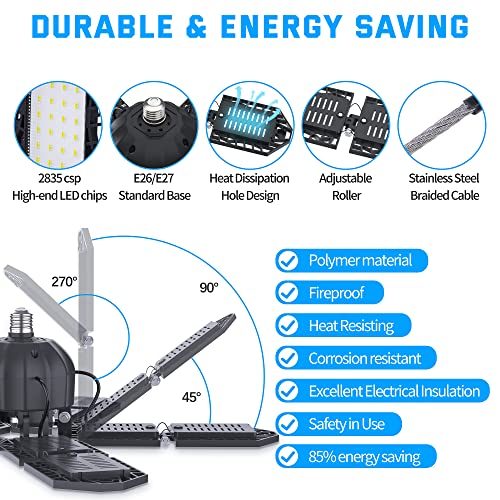 AKIRES LED Garage Light,20000LM 6500K Screw in Light Bulb with 10+1 Adjustable Panels,Deformable Garage Lights Ceiling LED Garage Light for Basement Workshop Attic Barn(4-Pack)