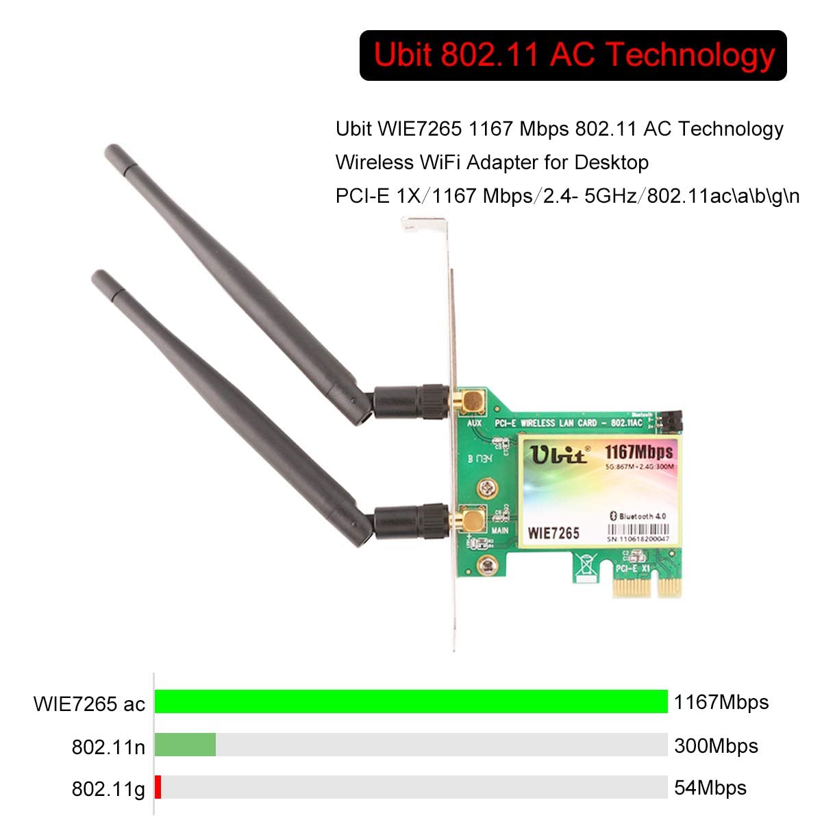 Ubit Network Card, WiFi Adapter AC 7265, AC1200Mbps pcie WiFi Bluetooth Card, 6dBi Antenna Wireless Dual Band (5G/2.4G) WiFi Card for Desktop pc